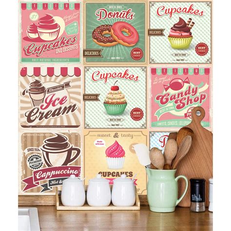 Adesivo Azulejo Retrô Vintage Cupcake Donots Adesivo Decorativo unidades x cm cada Kit
