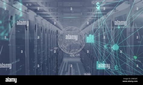 image of network of digital icons spinning globe and mosaic squares