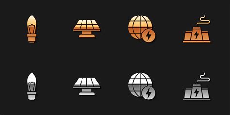 Set Bola Lampu Panel Energi Surya Planet Listrik Global Dan Ikon Pabrik