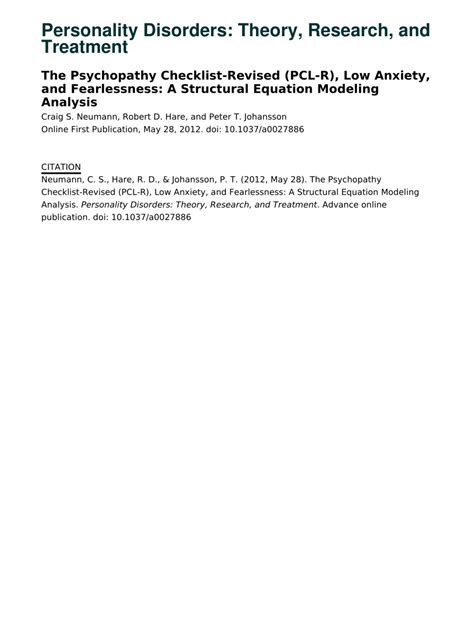 Pdf The Psychopathy Checklist Revised Pcl R Low Anxiety And Fearlessness A Structural