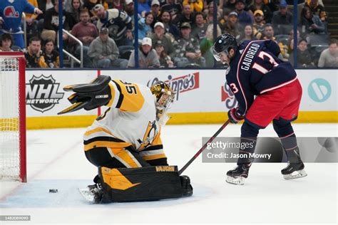 Johnny Gaudreau Of The Columbus Blue Jackets Shoots The Puck During