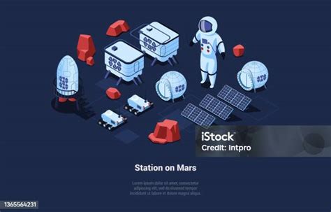 화성 컨셉 일러스트레이션스테이션 만화 3d 스타일의 등분 성 벡터 구성 우주 비행사에 정장 에 우주 비행사 표면 우주 식민지 코스모나우트 여행 태양 전지 우주선 아이템 등측