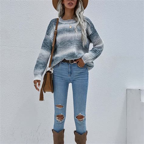 Whlbf Plus Size Sweaters For Womenwomens Fashion Pullover Stripe Round