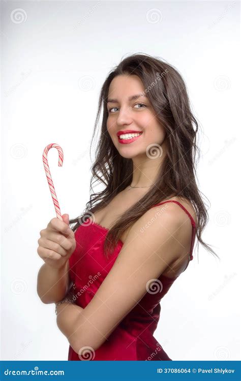 Girl Lick White Red Candy In The Form Of Heart With Beautiful Ma Stock