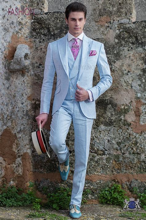 Stitched Bespoke Light Blue Pure Linen Suit 1 Corozo Button Ticket