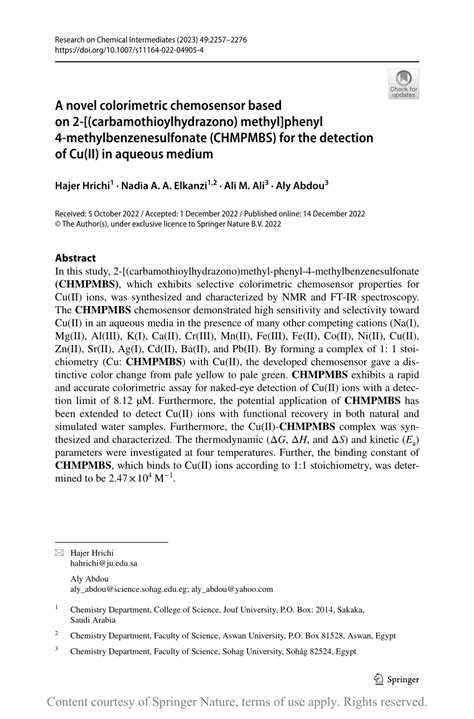 A Novel Colorimetric Chemosensor Based On 2 Carbamothioylhydrazono Methyl Phenyl 4