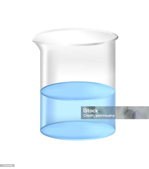 블루 액액워터 용매 또는 화학 물질을 가진 3d 화학 비커의 벡터 사실적인 그림 흰색 배경에 격리 된 전체 실험실 유리 제품