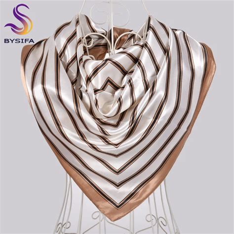 Bysifa 새로운 카키 화이트 Stirped 스퀘어 스카프 Hijabs 패션 가을 겨울 여성 새틴 실크 스카프 목도리