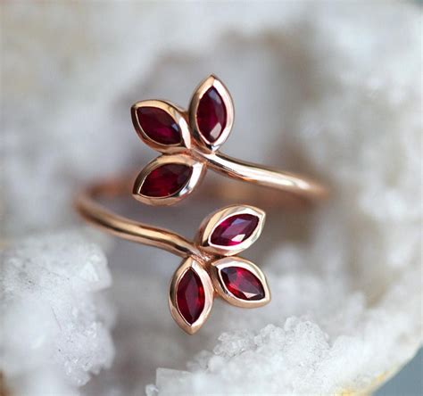 Floral Ruby Wrap Ring Ruby Leaf Open Band Natural Marquise Red Ruby