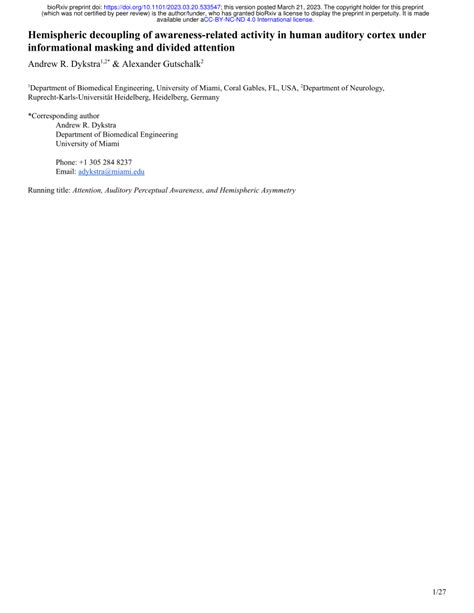 Pdf Hemispheric Decoupling Of Awareness Related Activity In Human Auditory Cortex Under