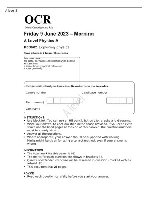 OCR A Level Physics A H JUNE QUESTION PAPER Exploring Physics A Level Physics A