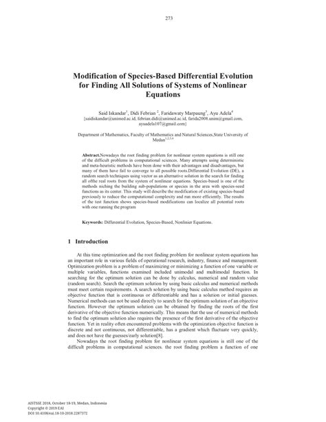 Pdf Modification Of Species Based Differential Evolution For Finding All Solutions Of Systems