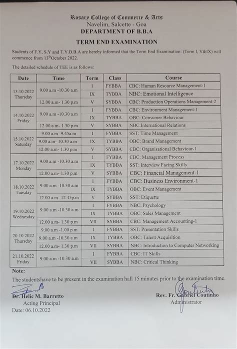 Bba Term End Examination Notice Rosary College Of Commerce And Arts