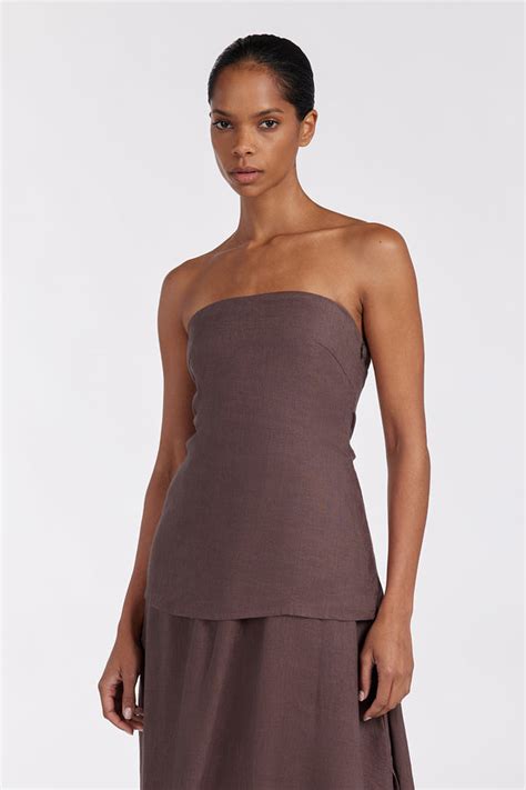 Saskia Choc Linen Strapless Dress Dissh