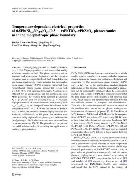 2014 Temperature Dependent Electrical Properties Of Pnnpzt At Mpb Pdf Piezoelectricity
