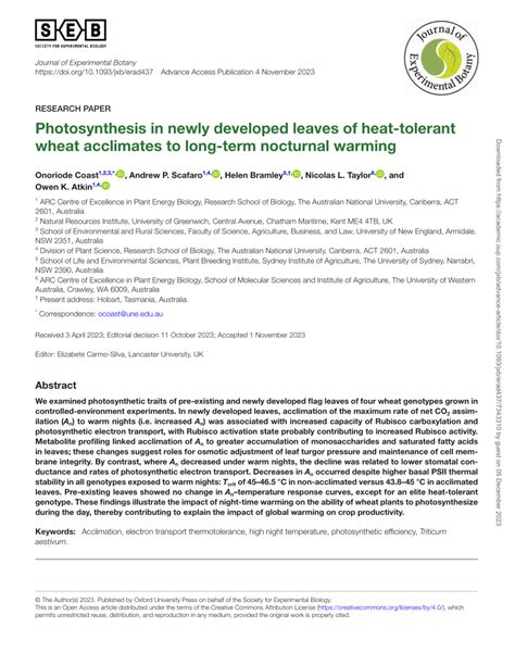 PDF Photosynthesis In Newly Developed Leaves Of Heat Tolerant Wheat Acclimates To Long Term