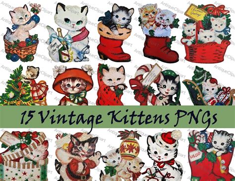 Retro Glitter Kittens Png Clipart Bundle Christmas Vintage Christmas
