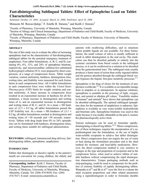 Pdf Fast Disintegrating Sublingual Tablets Effect Of Epinephrine Load On Tablet Characteristics
