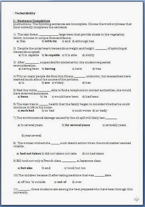 Verbal Ability Test Questions With Answers