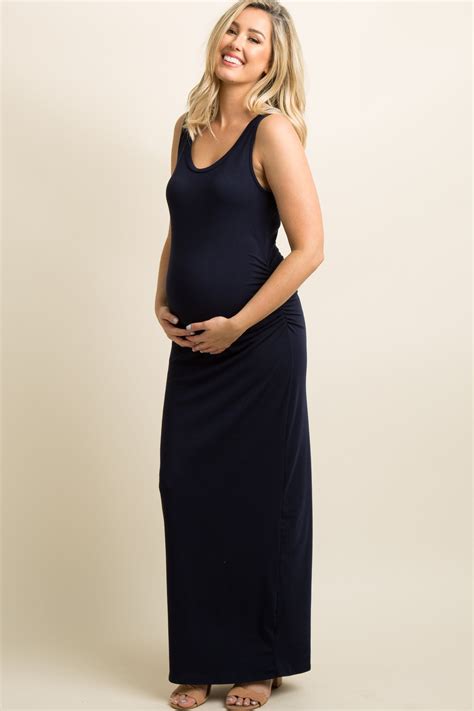Pinkblush Navy Blue Ruched Sleeveless Maternity Maxi Dress