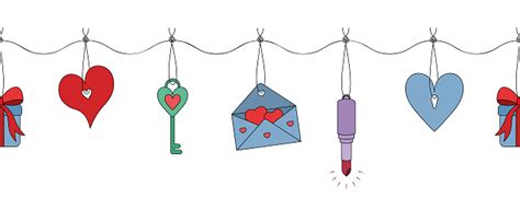 พวงมาลัยที่มีสัญลักษณ์โรแมนติกในสไตล์การ์ตูน การทําซ้ําเส้นขอบแนวนอน รูปแบบที่ไร้รอยต่ ภาพประกอบ