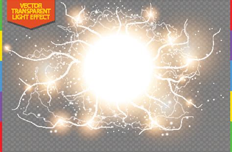 스파크 골든 추상 에너지 충격 폭발 특별 한 조명 효과 벡터 발광 전력 번개 클러스터입니다 투명 한 배경에서 전기 방전입니다 코어를 청구 하는 높은 전압 과학에 대한 스톡