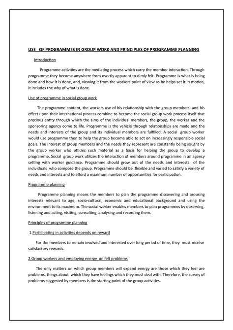 Use Of Programmes In Group Work And Principles Of Programme Planning