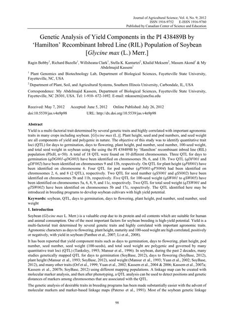 Pdf Genetic Analysis Of Yield Components In The Pi 438489b By ‘hamilton Recombinant Inbred