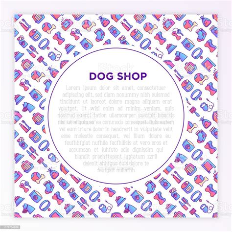 얇은 라인 아이콘 개 가게 개념 운송 피더 장난감 문 치과 위생 총구 간식 위생 가방 칼라 헤어 케어를위한 가방 벡터 일러스트레이션 인쇄 용지용 템플릿 가방에 대한 스톡
