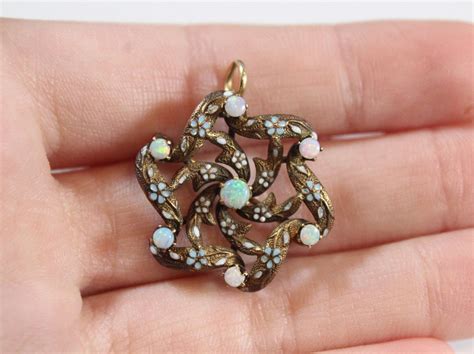 Antique Victorian 14k Gold Enamel Flower Natural Opal Pendant Brooch Etsy