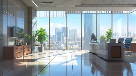 Interior De Oficina Moderno Con Vistas A La Ciudad Y Escritorio Stock
