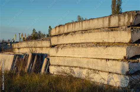 Old Reinforced Concrete Slab Outdoors Various Floor Slabs Are Stacked