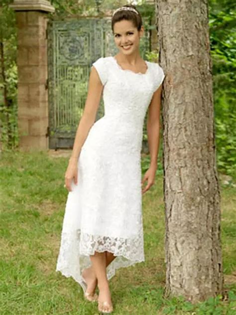 A Lineprincess Lace Scoop Short Sleeves Asymmetrical Wedding Dresses