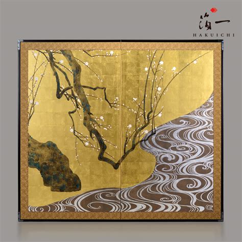 楽天市場金澤本金箔屏風 紅白梅図 二曲一双金箔の箔一はくいち金箔 屏風 インテリア おしゃれ 絵 金屏風 和風 衝立 二隻 単品