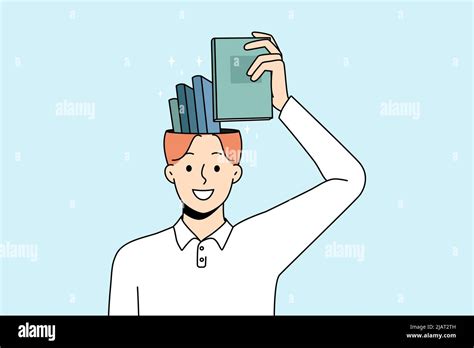 Smiling Man Put Book In Head Remembering Happy Wise Guy Take Textbook