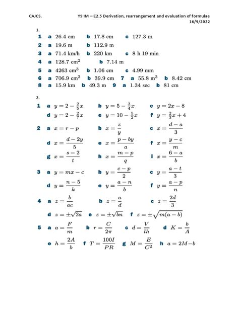 E2 5 Derivation Rearrangement And Evaluation Of Formulae Answerkey Pdf