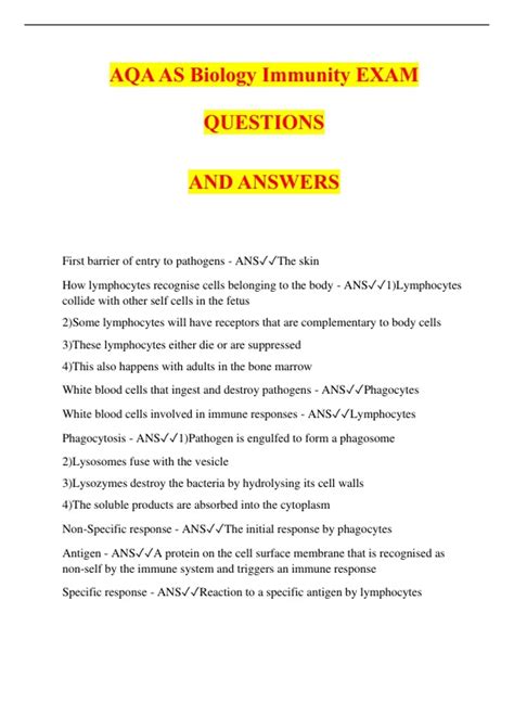 Aqa As Biology Immunity Exam Questions And Answers Aqa As Biology