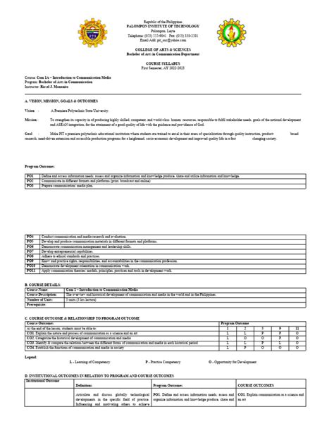 Com1a Intro To Comm Media Syllabus Pdf Communication Information