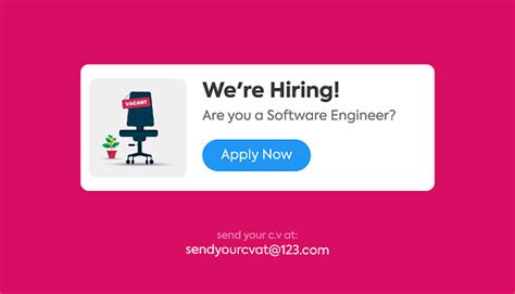 채용 중입니다 우리는 짙은 분홍색 배경의 팝업을 고용하고 있습니다 채용 소프트웨어 엔지니어 포스터 발표 지금 적용 버튼