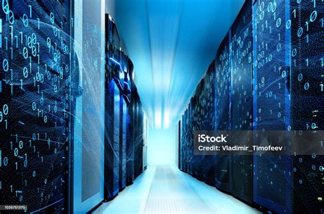 추상 가상 디지털 스트림 바이너리 코드와 데이터 센터에서 현대 데이터 센터 서버에 네온 빛나는 물결 흐르는 스토리지 클라우드 구조입니다 데이터 전송 또는 신호 전송 개념