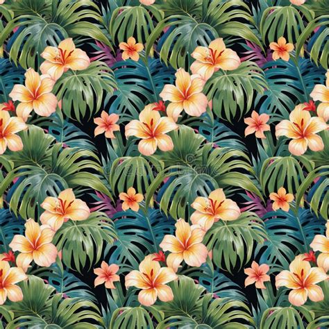 Tropical Floral And Leafy Seamless Pattern On A Dark Background For