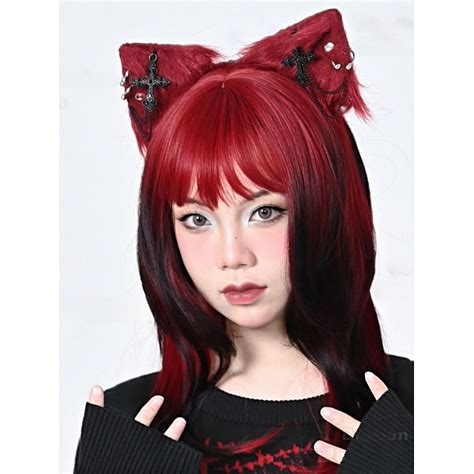 Cross Chain Decorated Plush Cat Ear Red Hairclips