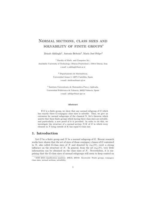 Pdf Normal Sections Class Sizes And Solvability Of Finite Groups