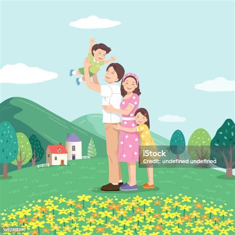 예쁜 집과 자연을 배경으로 행복한 가족 아버지 어머니 아이들이 함께 껴안고 있습니다 가족에 대한 스톡 벡터 아트 및 기타 이미지 가족 전원 장면 5월 Istock
