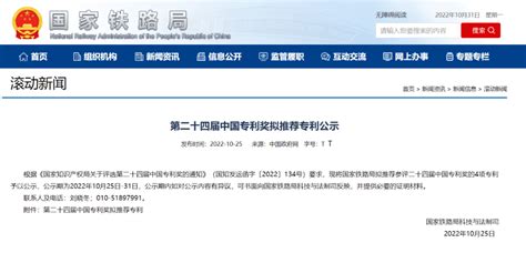 国家铁路局拟推荐参评的第二十四届中国专利奖候选项目内容路讯通知