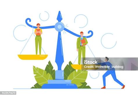 기업에서의 차별 불평등과 불균형 개념 남성과 여성 캐릭터는 비늘에 서 있습니다 개념에 대한 스톡 벡터 아트 및 기타 이미지