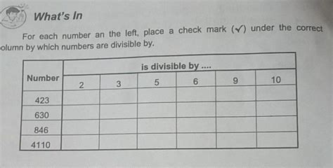 for each number an the left place a check mark under the correct column by wich numbers are