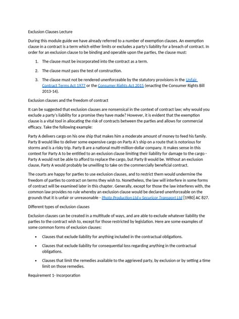 Exclusion Clauses Lecture Pdf Contractual Term Legal Liability
