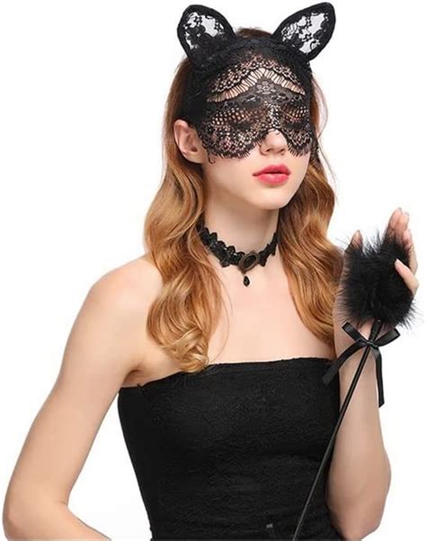 Losuya Black Lace Cat Ears Headband With Lace Veil Halloween Party