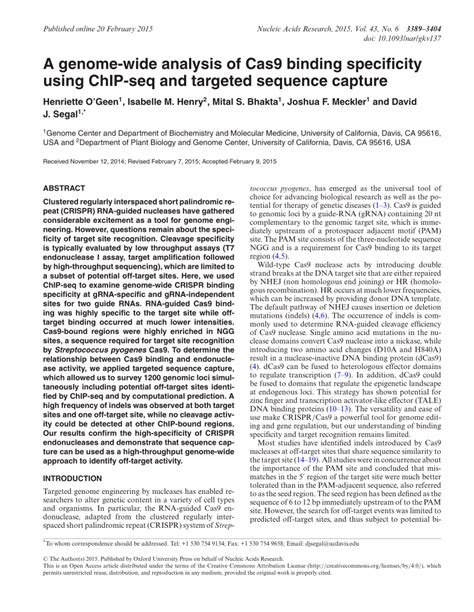 pdf a genome wide analysis of cas9 binding specificity using chip seq